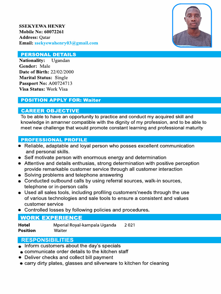 Ugandan Waiter CV for Qatar Job Application | PDF