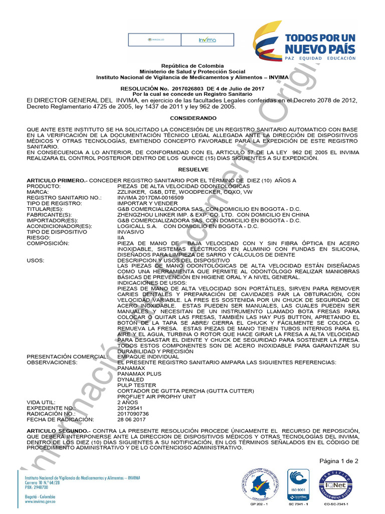 Registro Invima Pieza de Mano NSK Pana Air SB2 Dbe | PDF | Odontología ...