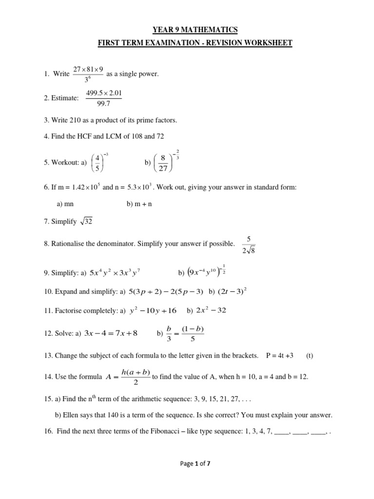 Year 9 Math First Term Revision Worksheet January 2024 | PDF | Paper ...