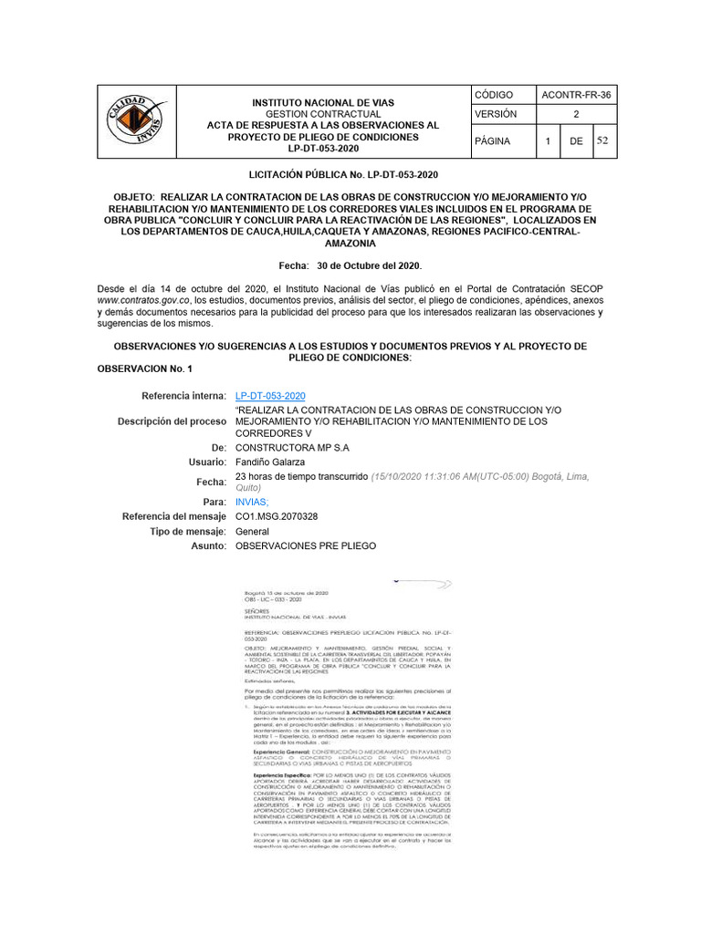 1.1 Acta de Respuesta A Las Observaciones Al Proyecto de Pliego de Condiciones | PDF | Colombia ...