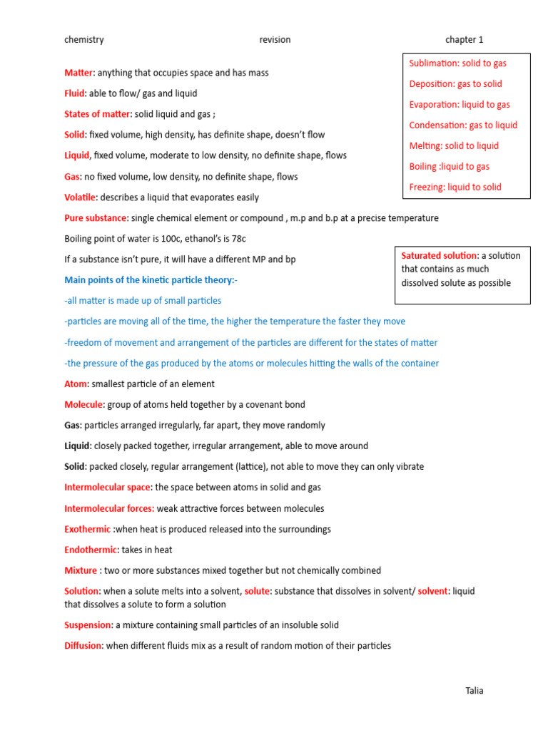 Chapter 1 Chemistry Igcse Summary Pdf Liquids Gases