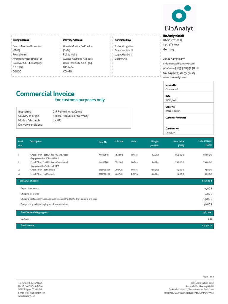 Commercial Invoice CI 2021-10062 - V1 - EN - JK | PDF | Invoice | Economies