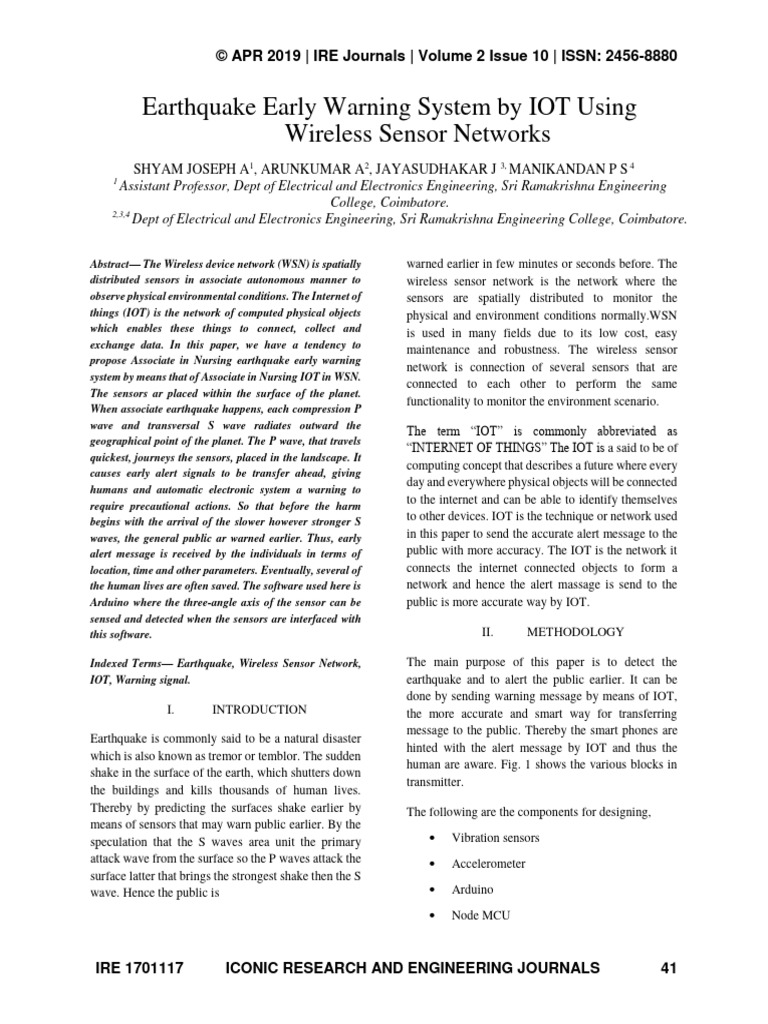 Earthquake Early Warning System by IOT Using Wireless Sensor Networks | PDF