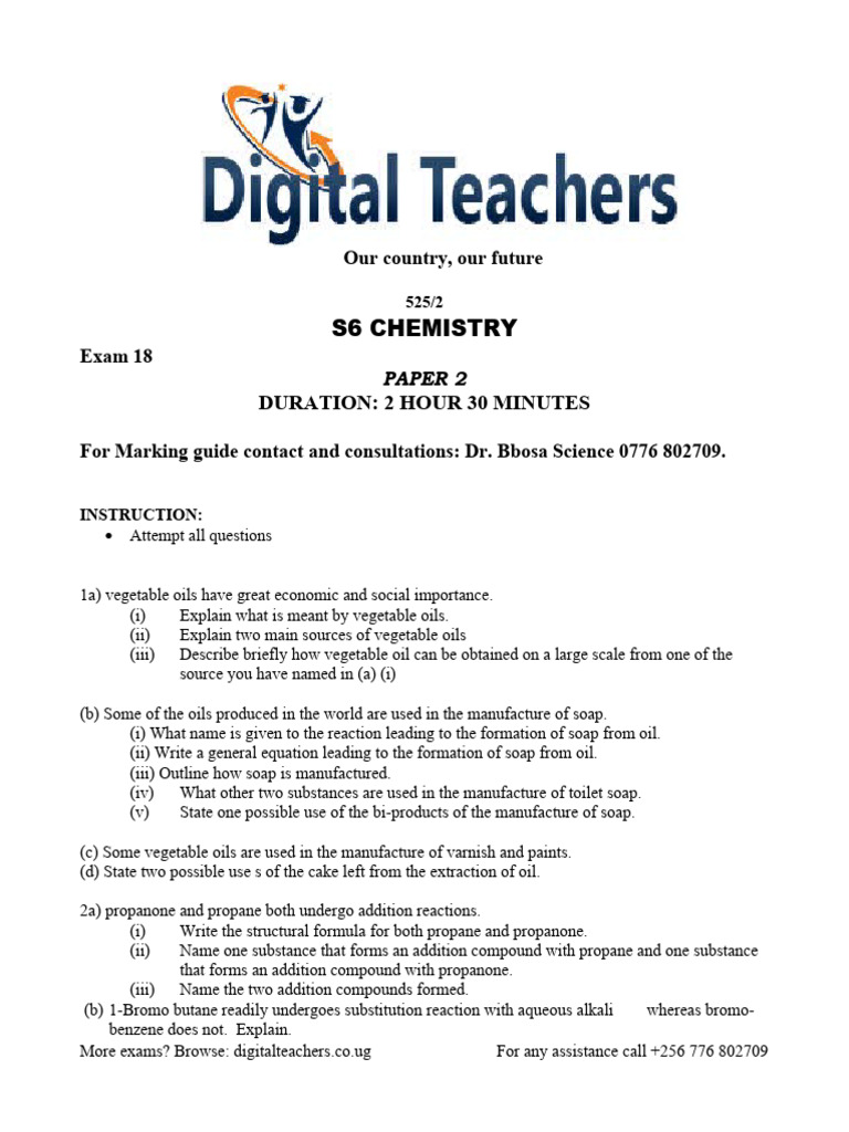 S6 Chemistry Exam: Vegetable Oils & Reactions | PDF | Soap | Petroleum