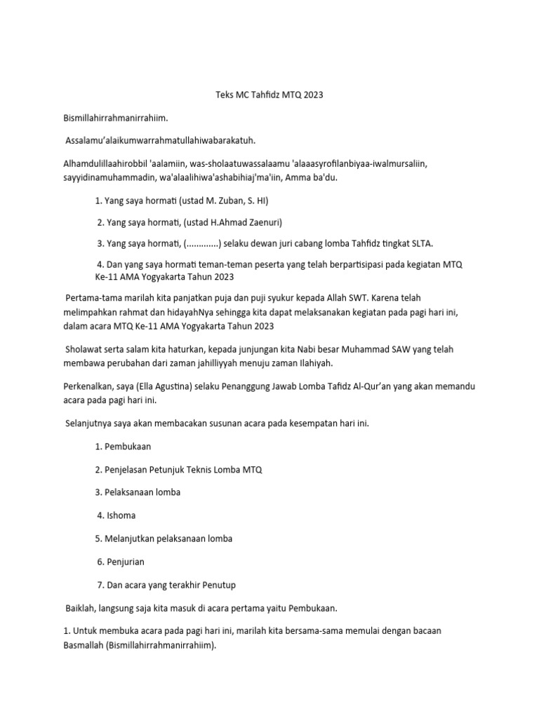 Teks MC MTQ Tahfidz 2023 | PDF | Agama & Spiritualitas