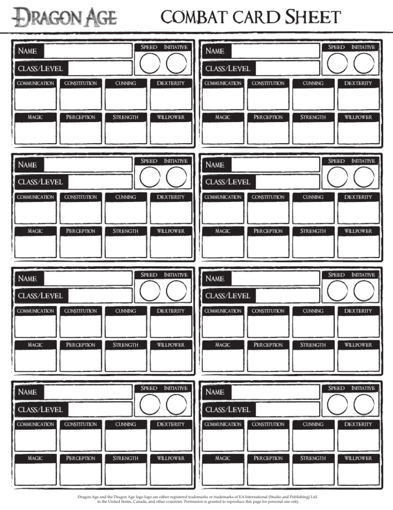 Dragon Age - GM Aid PC Combat Cards | PDF | Career & Growth | Games & Activities