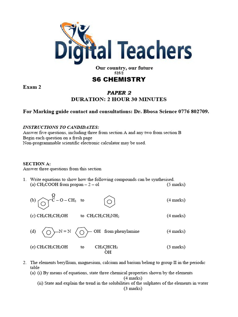 S6 Chemistry Exam 2 Paper Guide | PDF | Acid | Solubility
