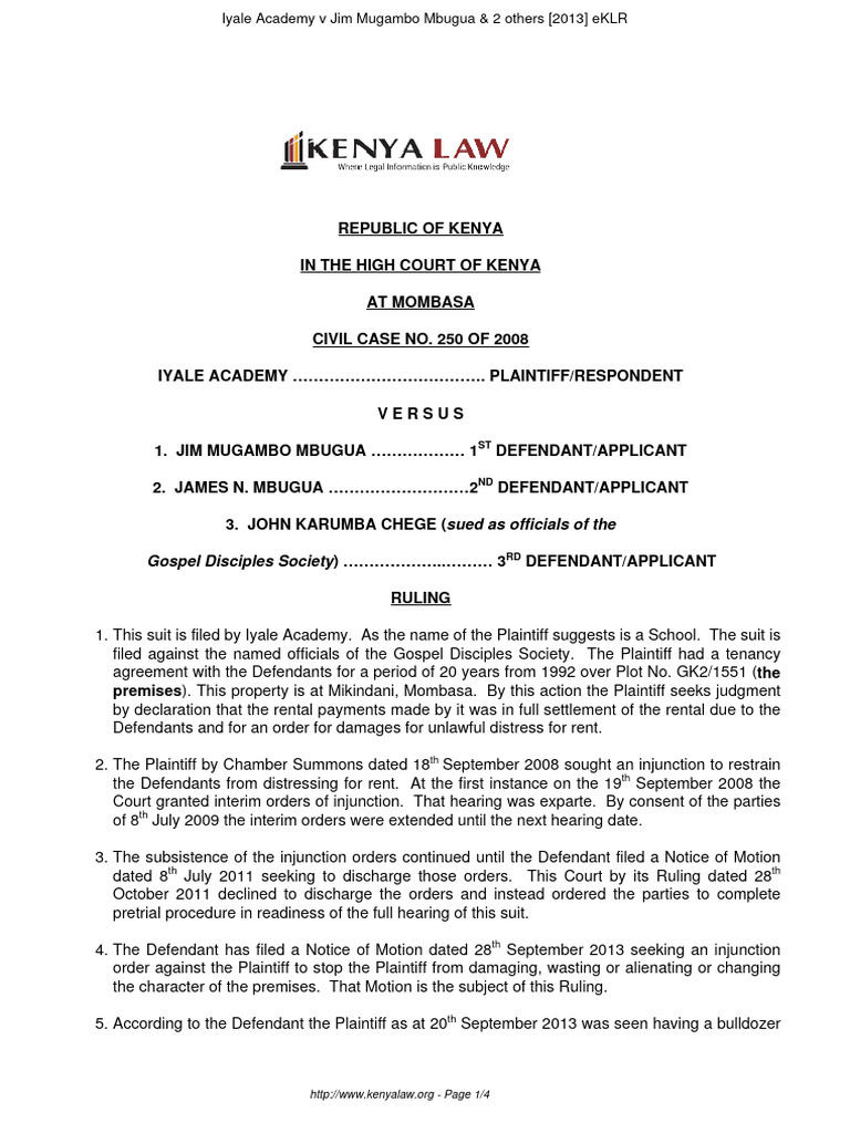 Iyale Academy V Jim Mbugua & 2 Others | PDF | Lawsuit | Equity (Law)