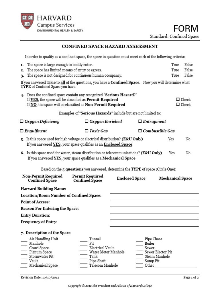 Confined Space Hazard Assessment Form | PDF | Working Conditions | Safety