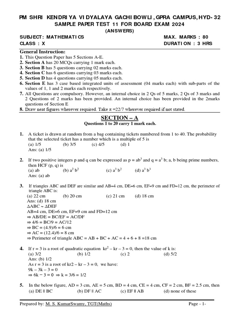 Maths Class X Sample Paper Test 11 For Board Exam 2024 Answers | PDF ...
