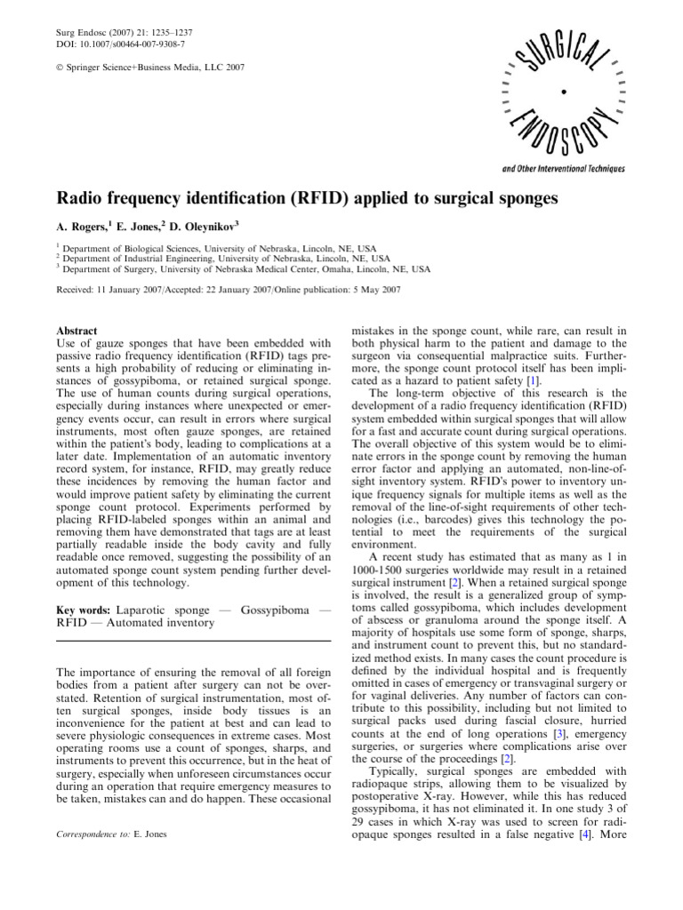 RFID Sponges for Surgery Safety | PDF | Radio Frequency Identification ...