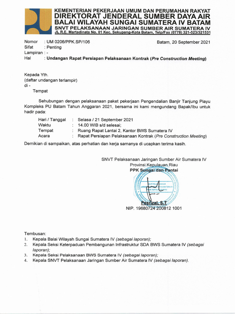 Undangan Rapat Persiapan Pelaksanaan Kontrak (PCM) Piayu 2021 | PDF