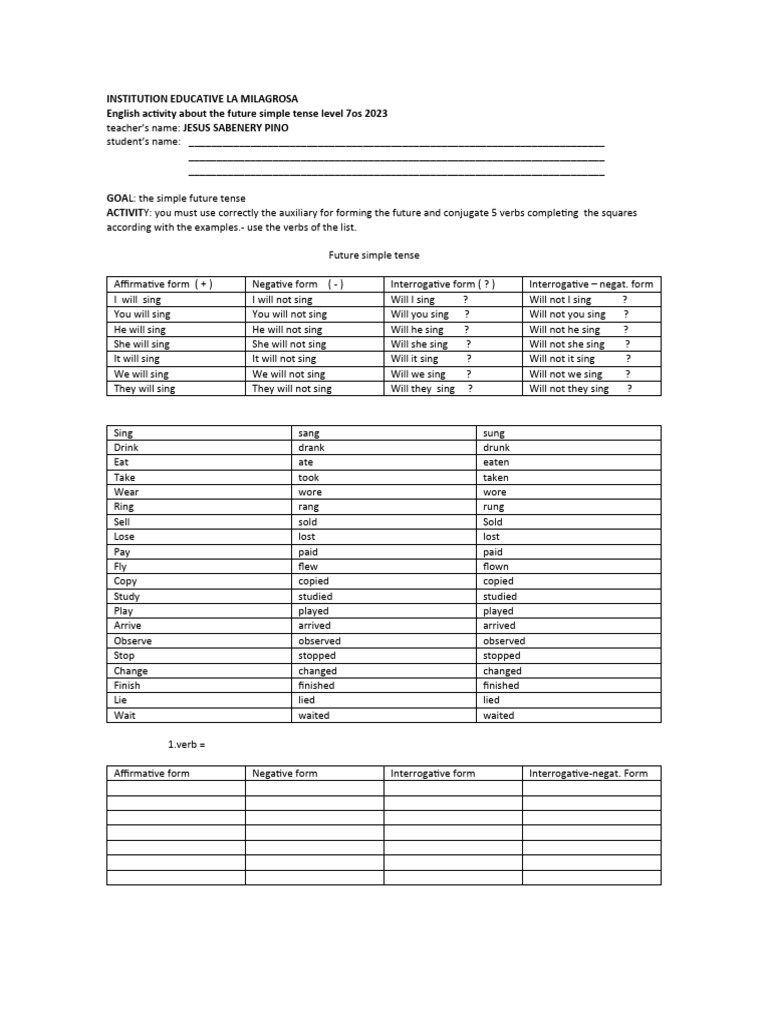 Activity About Simple Future Tense Conjugation | PDF | Grammatical ...