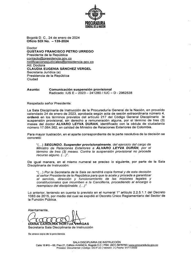 Suspensión Provisional de Ministro de Relaciones Exteriores | PDF | Justicia | Crimen y violencia
