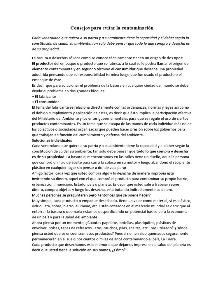 Consejos para Evitar La Contaminación | PDF | Residuos | El plastico