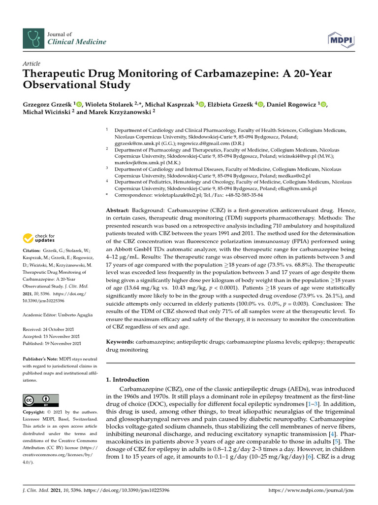 Therapeutic Drug Monitoring of Carbamazepine A 20-Year | PDF | Pharmacy | Pharmacology
