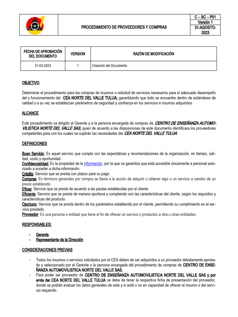 Procedimiento de Compras y Proveedores | PDF | Calidad (comercial) | Cliente
