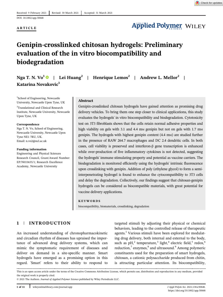 Genipin Crosslinked Chitosan Hydrogels Preliminary Evaluation of The in ...