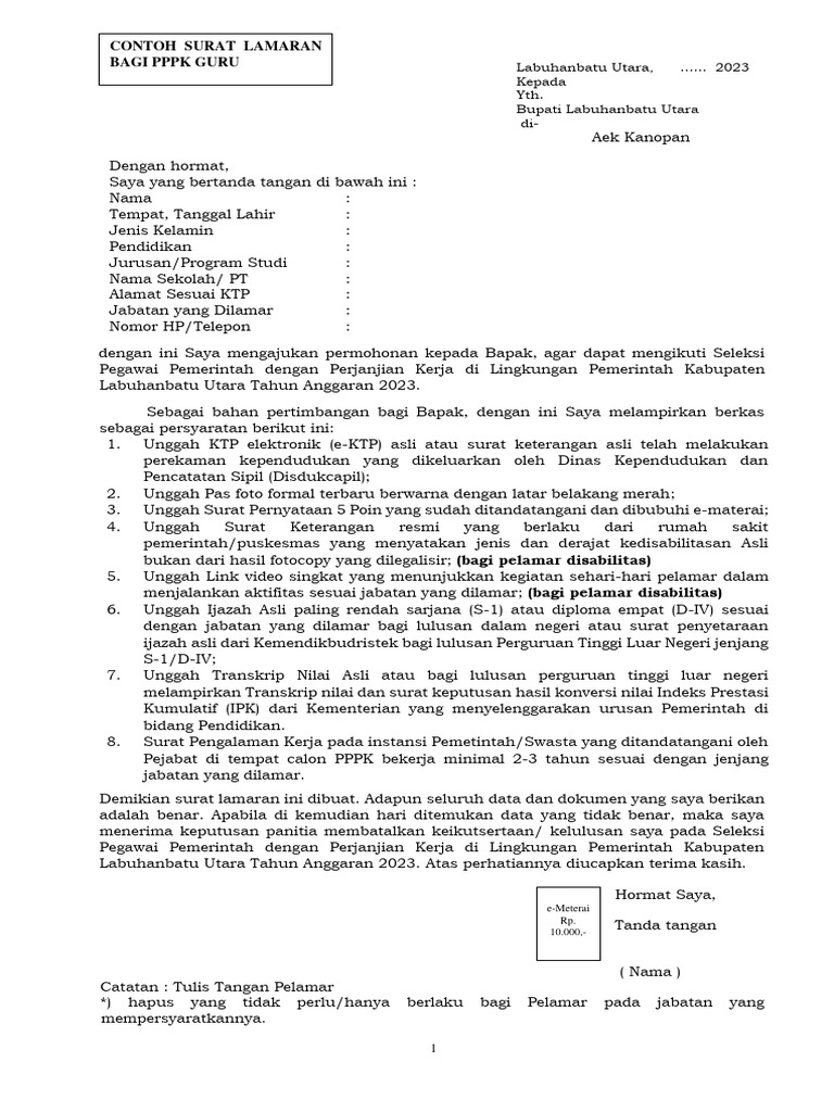 Contoh Surat Lamaran PPPK 2023 | PDF