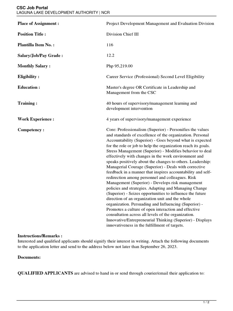 Laguna Lake Development Authority-Division Chief III | PDF | Leadership ...