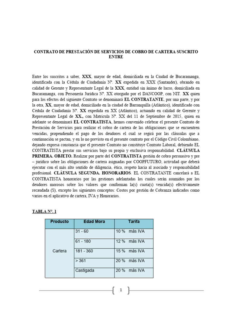 Modelo Contrato Servicio Cobro Cartera Actualizado | Descargar gratis PDF | Pagos | Derecho laboral