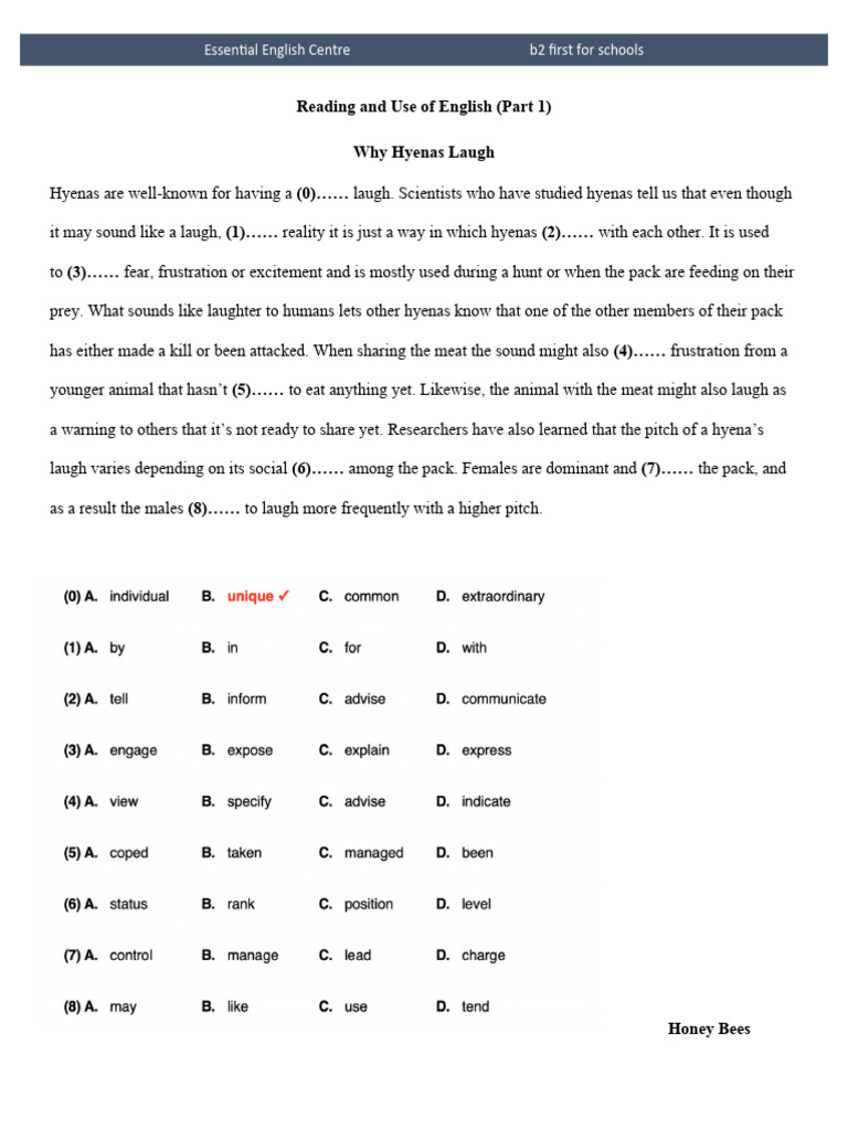 Reading Part 1 B2 First For Schools Pdf Honey Bee Honey