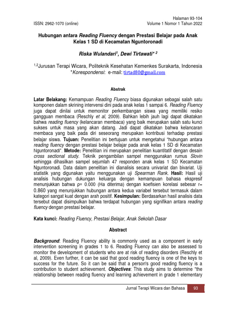 Hubungan Antara Reading Fluency Dengan Prestasi Belajar Pada Anak Kelas 1 SD Di Kecamatan ...