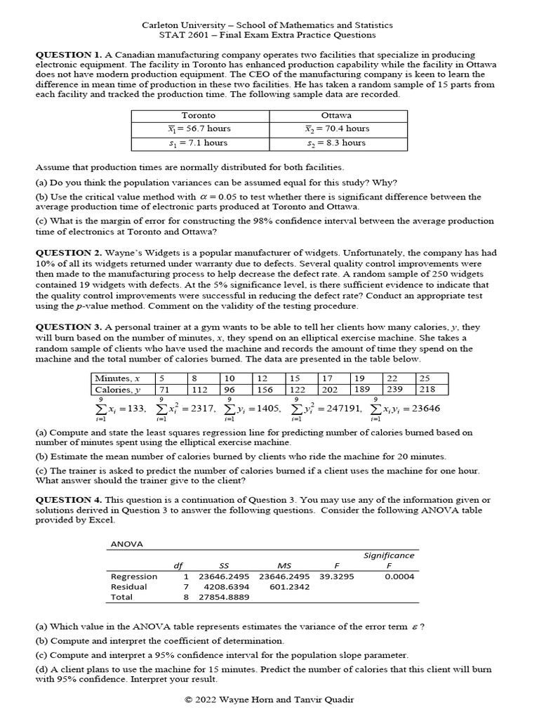 STAT 2601 Final Exam Extra Practice Questions | PDF | Regression Analysis | Errors And Residuals