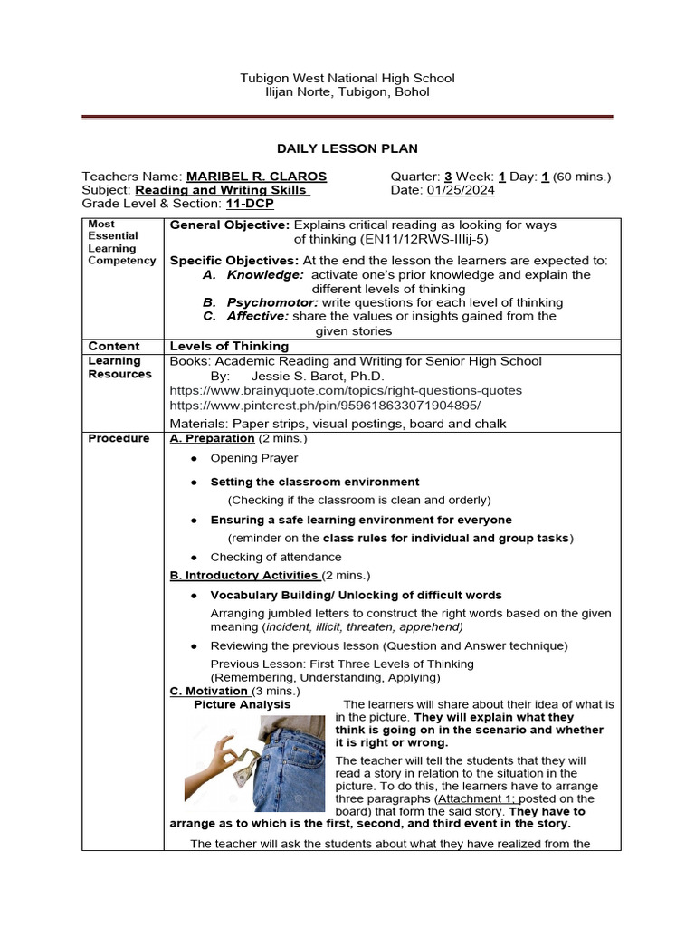 q3 Mis Rws Lesson Plan | Download Free PDF | Learning | Thought