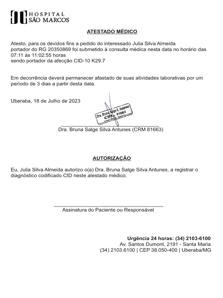 Atestado Médico de Julia Silva Almeida | PDF