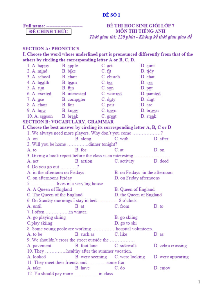 10 de Dap An Thi HSG Anh 7 | PDF | Ellipsis