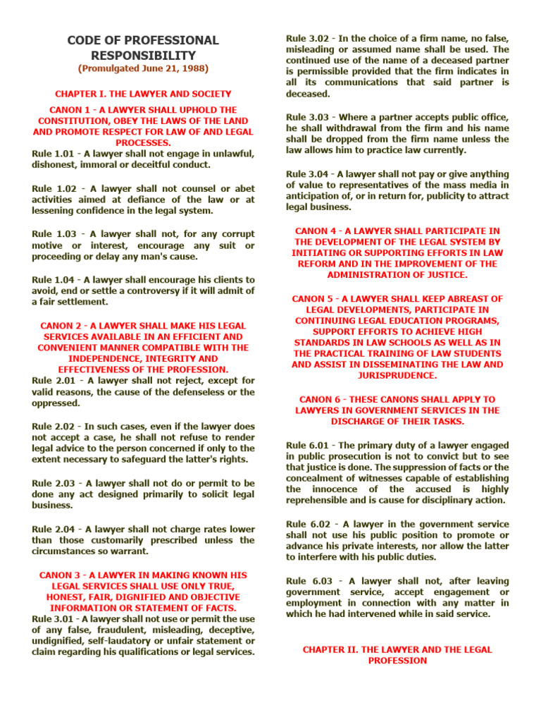 CODE OF PROFESSIONAL RESPONSIBILITY Promulgated June 21 1988 | PDF