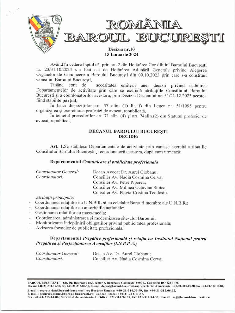 Decizia Decanului Baroului Bucuresti nr10 15012024 | PDF