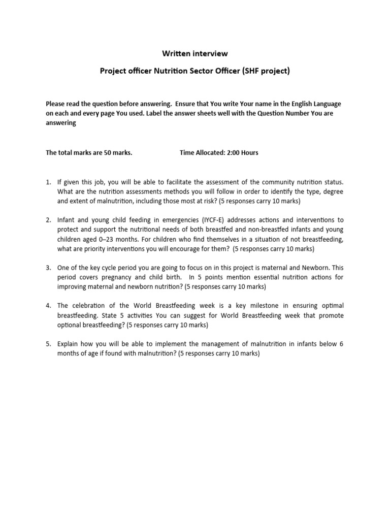 Written Interview Questions - Nutrition Sector Officer SHF | PDF