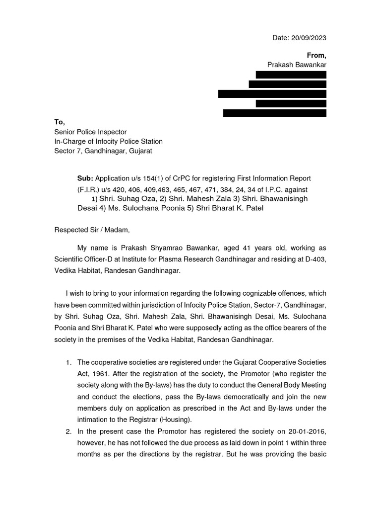 Gaur-Draft of Police Complaint-2023-09-15 - 154 (1) CRPC FIR - Prakash Bawankar - Final | PDF ...