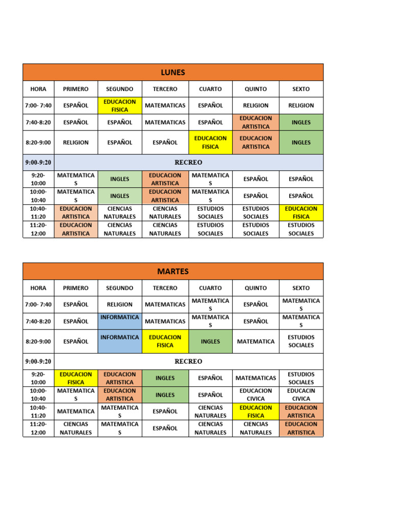 Horario Escolar Semanal Detallado | PDF | Artes del Lenguaje y ...