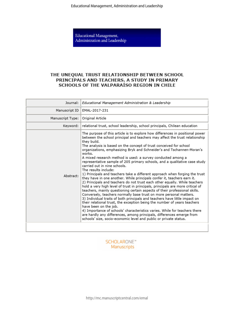 Manuscript The Unequal Trust Relationship Between School Principals and Teachers | PDF | Survey ...