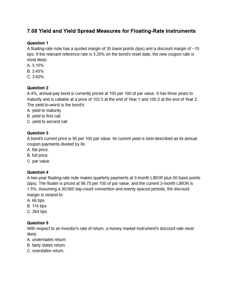 7.08 Yield and Yield Spread Measures For Floating-Rate Instruments ...