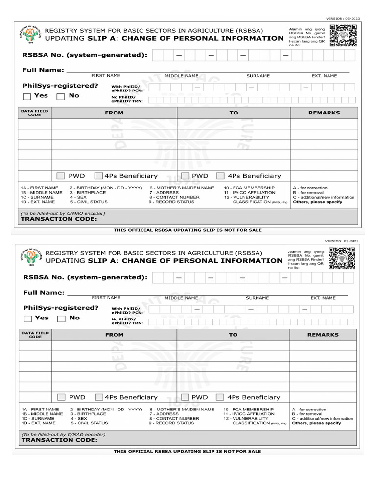 RSBSA Updating Slip A - Change of Personal Information 1 | PDF