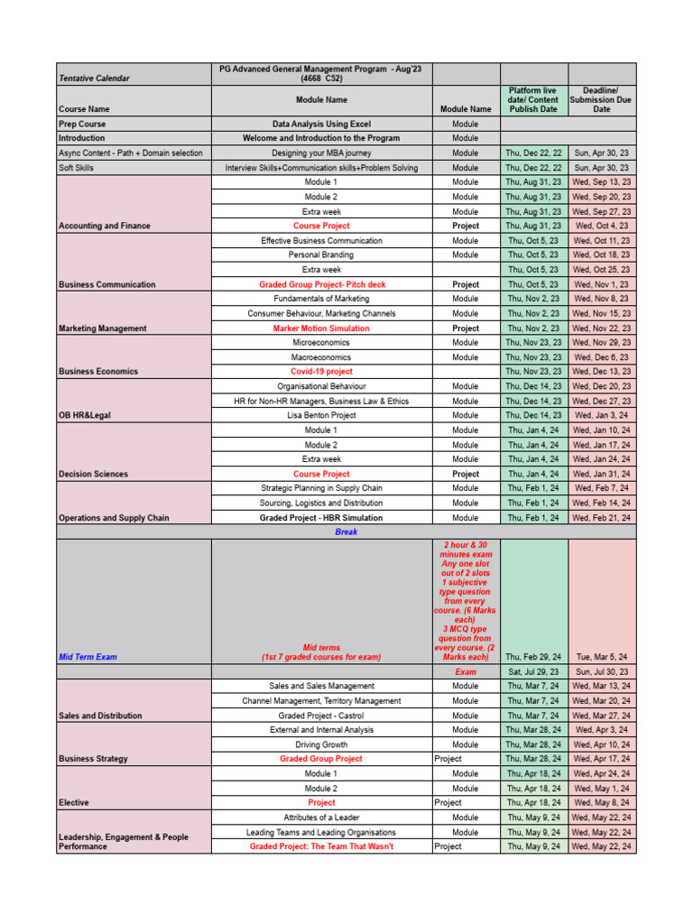 PG Advanced Management Program Calendar | PDF