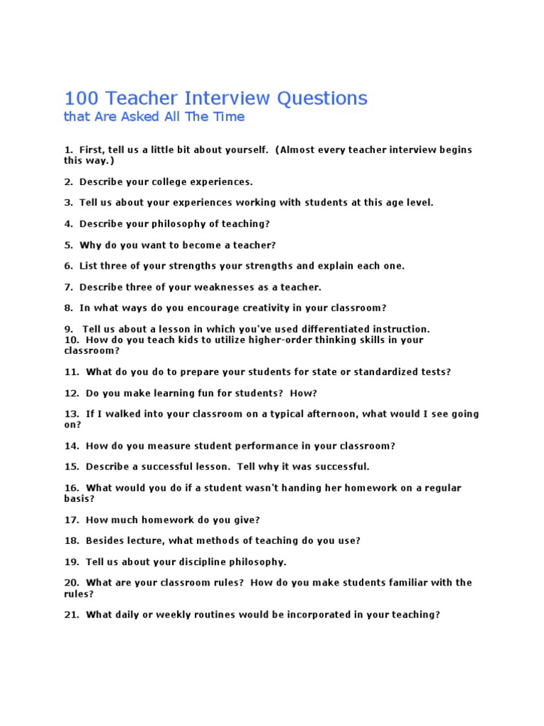 100 Teacher Interview Questions | PDF | Homework | Teachers