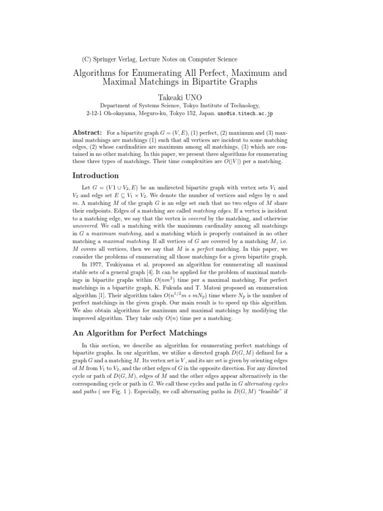 UNO1997 Algorithms For Enumerating All Perfect Maximum and Maximal Matchings in Bipartite Graphs ...