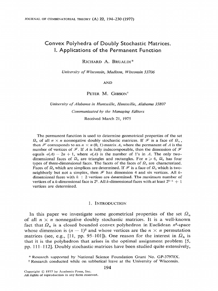 Brualdi1977 Convex Polyhedra Of Doubly Stochastic Matrices Applications Of The Permanent 