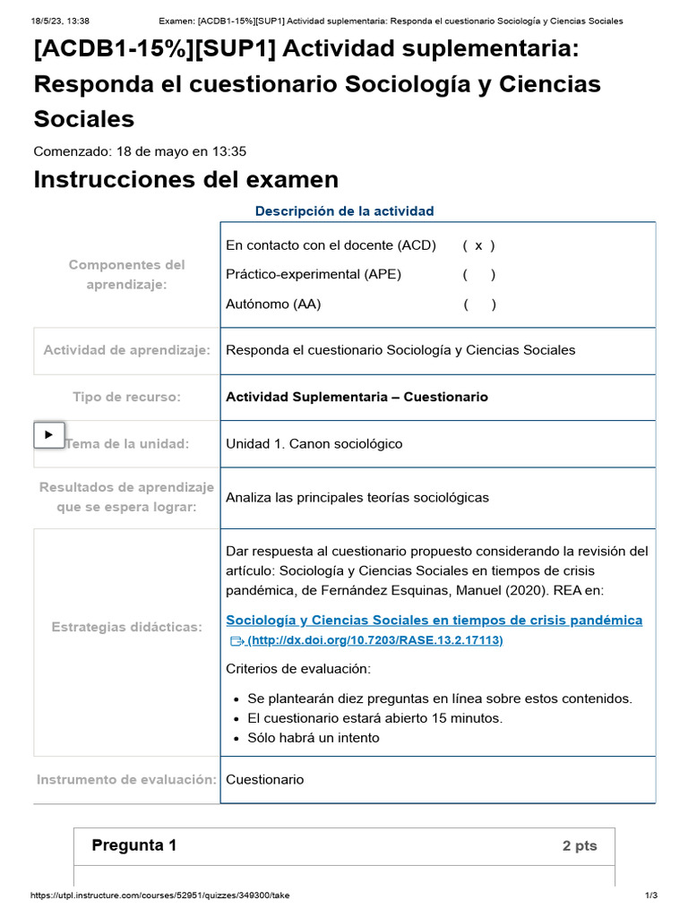 Examen - (ACDB1-15%) (SUP1) Actividad Suplementaria - Responda El Cuestionario Sociología y ...