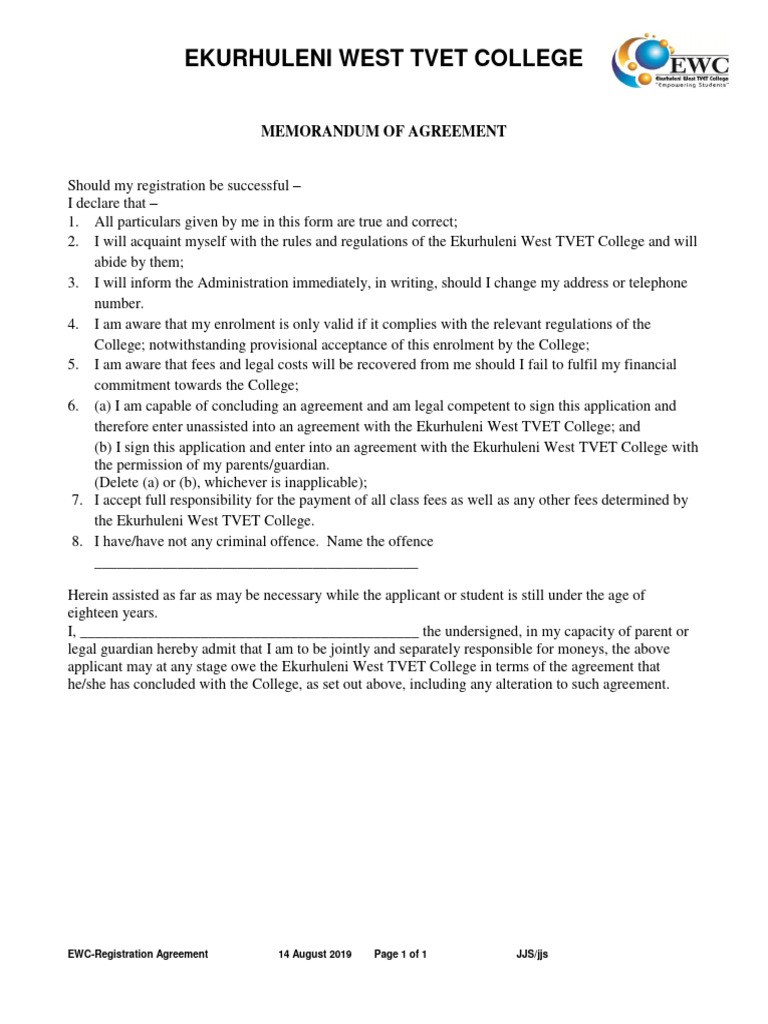 Ekurhuleni West TVET College Registration Agreement | PDF