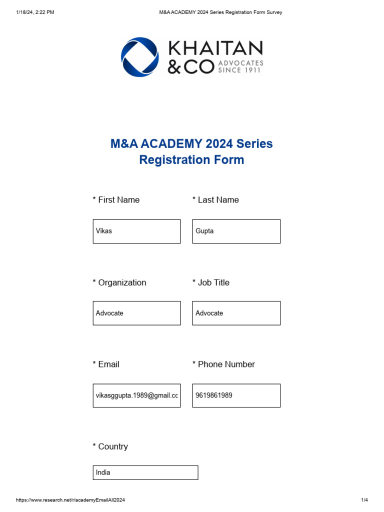 M&A ACADEMY 2024 Series Registration Form Survey | PDF | Mergers And ...