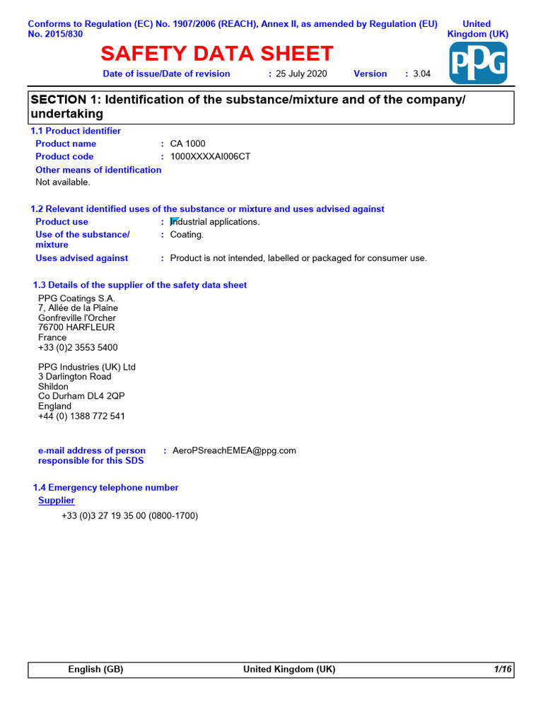CA 1000 Safety Data Sheet Summary | PDF | Personal Protective Equipment ...