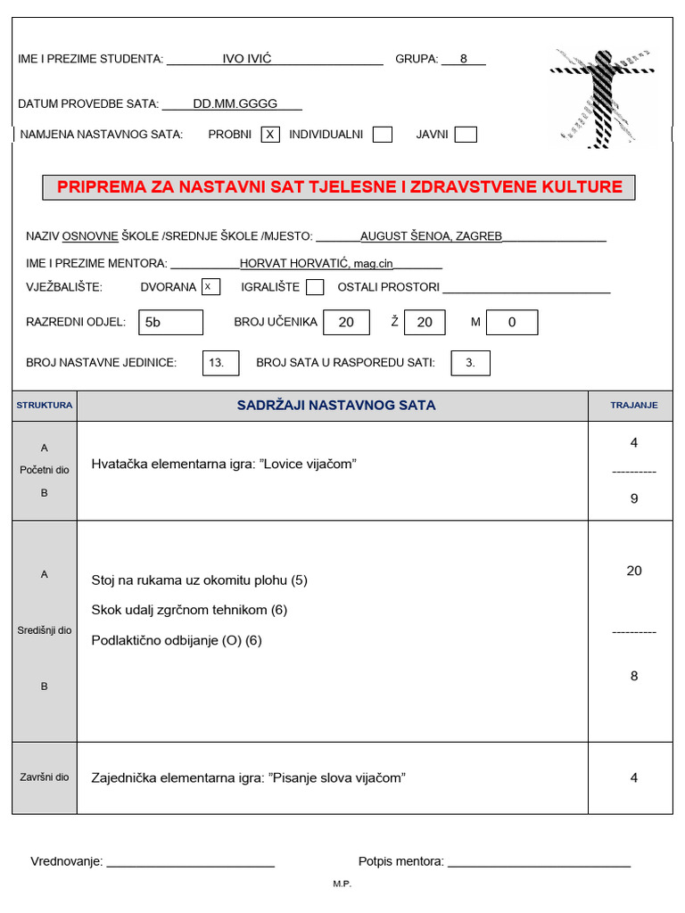 Primjer Ispunjenog Obrasca STUDENTSKE Pripreme Za Nastavni Sat TZK | PDF