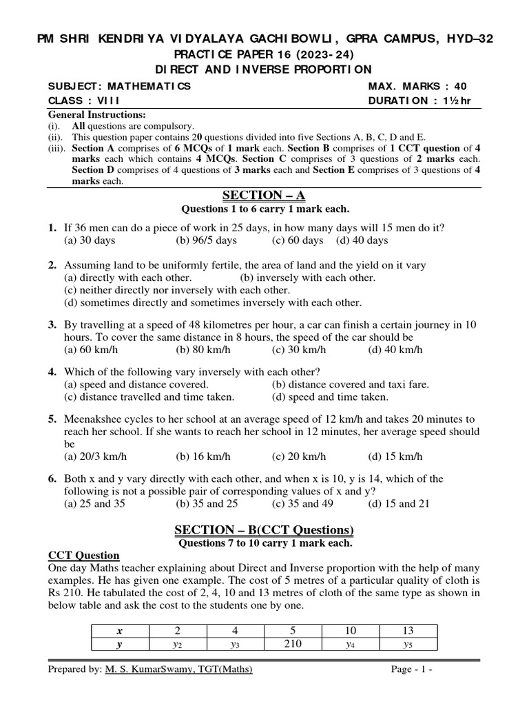 Class 8 Direct and Inverse Proportion Test | PDF | Speed