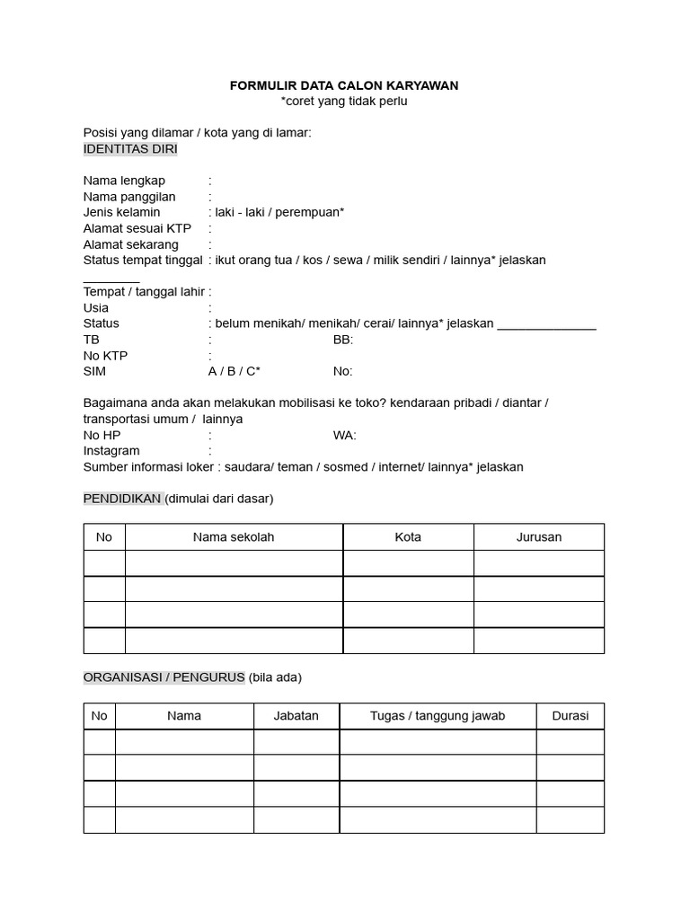 Formulir Data Calon Karyawan | PDF